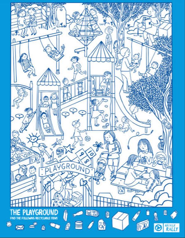Free Printable Recycling Hidden Pictures (Playground & Cafeteria Scenes)