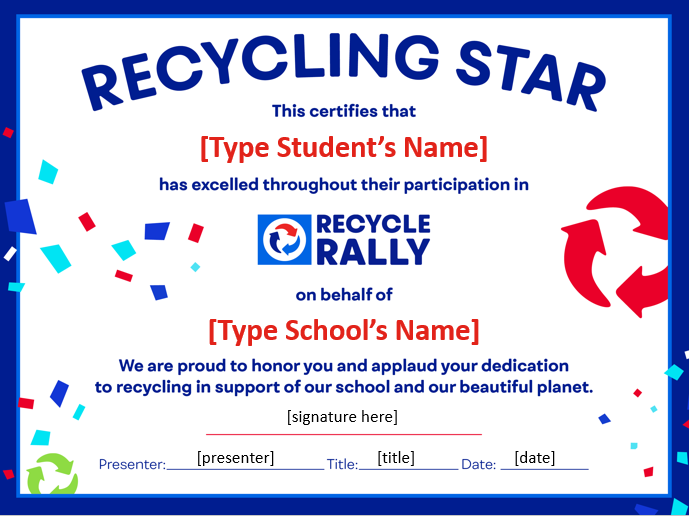 Free Printable: Recycle Rally Participation Certificate for Students
